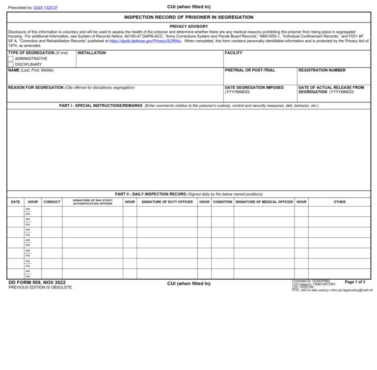DD Form 509 - Inspection Record Of Prisoner In Segregation | Free ...