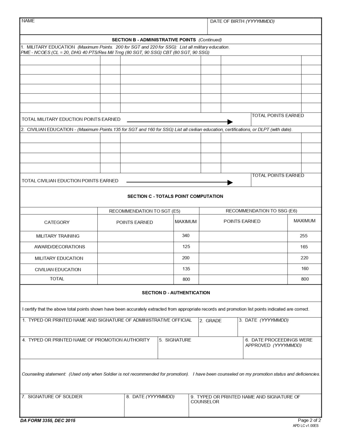 DA Form 3355 - Promotion Point Worksheet (United States Army Reserve ...