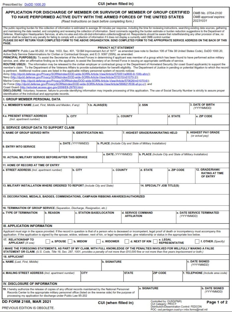 DD Form 2168 - Application For Discharge Of Member Or Survivor Of ...