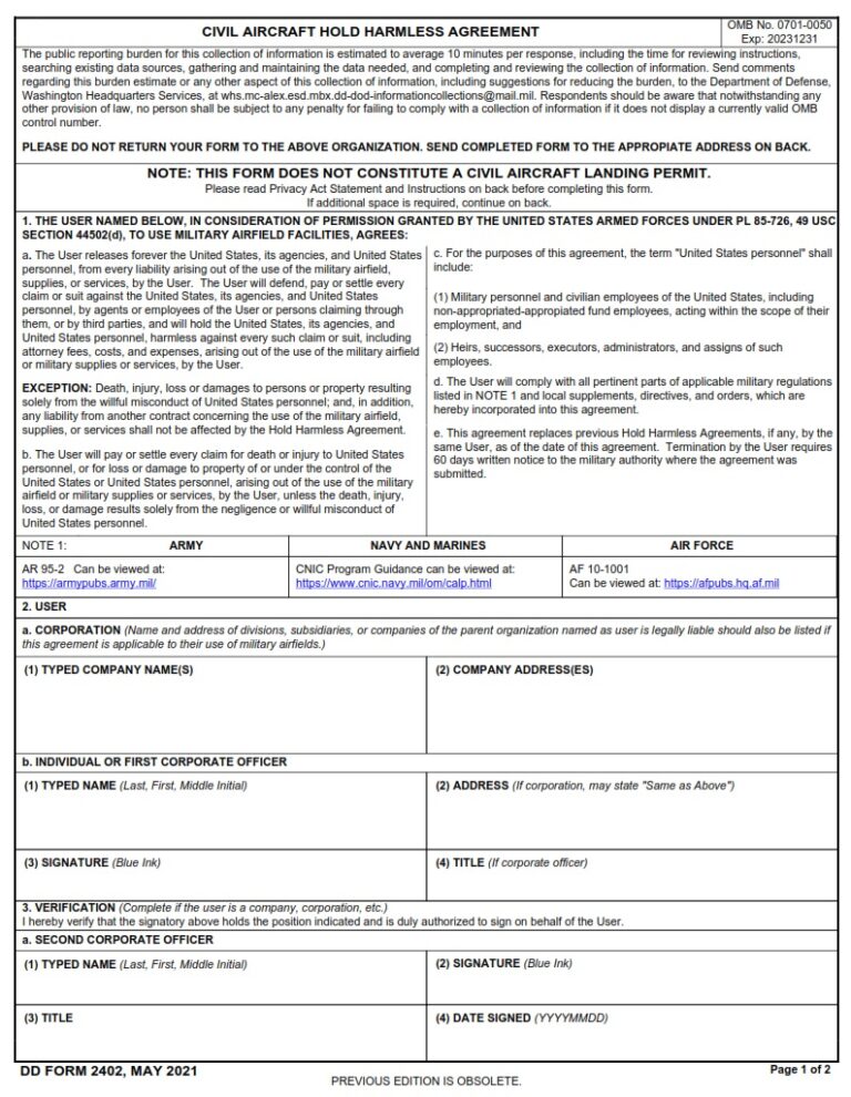 DD Form 2402 - Civil Aircraft Hold Harmless Agreement | Free Online Forms