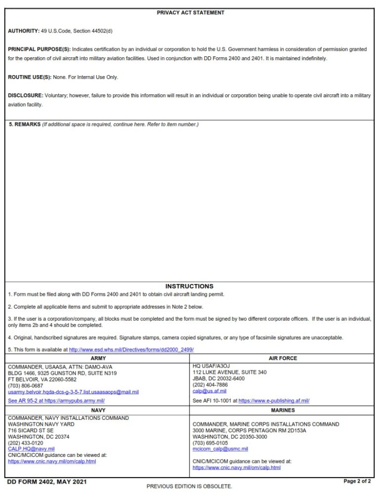 DD Form 2402 - Civil Aircraft Hold Harmless Agreement | Free Online Forms