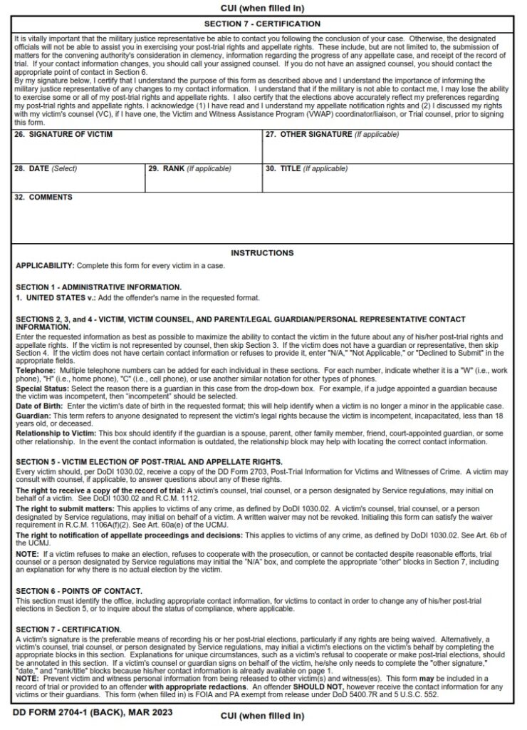 DD Form 2704-1 - Victim Election Of Post-Trial And Appellate Rights ...