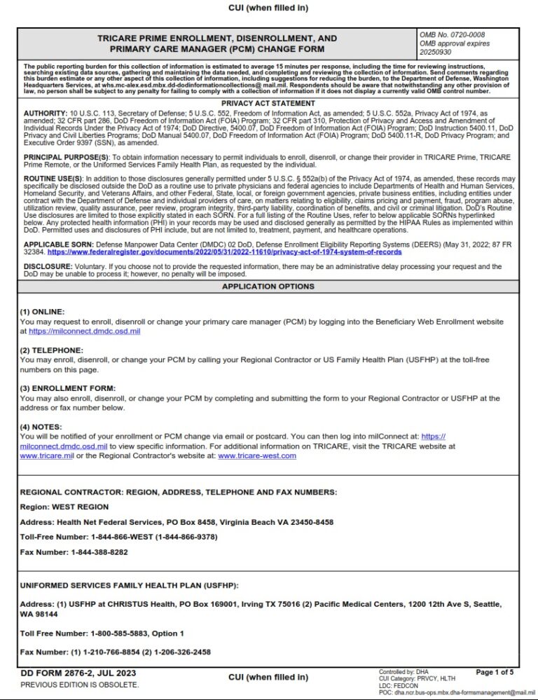 DD Form 2876-2 - TRICARE Prime Enrollment, Disenrollment And Primary ...