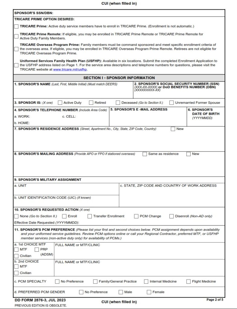DD Form 2876-3 - TRICARE Prime Enrollment, Disenrollment And Primary ...