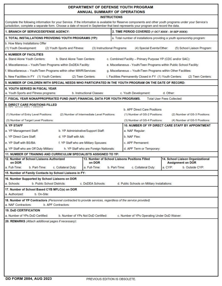 DD Form 2884 - DoD Youth Program Annual Summary Of Operations | Free ...