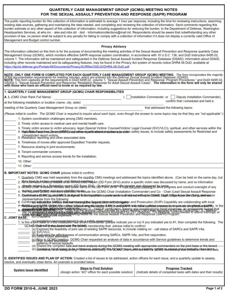 DD Form 2910-6 - Quarterly Case Management Group (QCMG) Meeting Notes ...