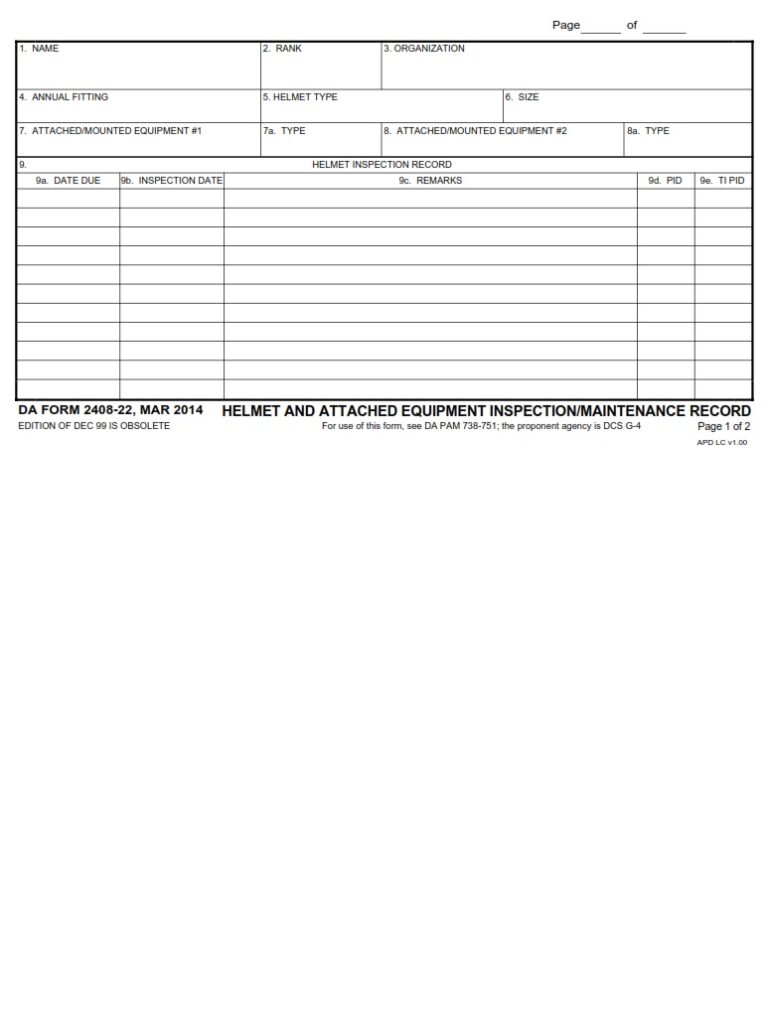 DA Form 2408-22 - Helmet And Attached Equipment Inspection/Maintenance ...