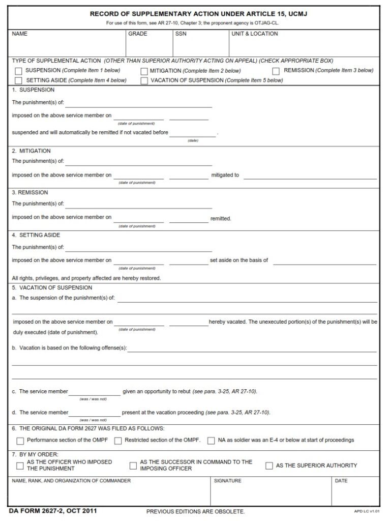DA Form 2627-2 - Record Of Supplementary Action Under Article 15, UCMJ ...