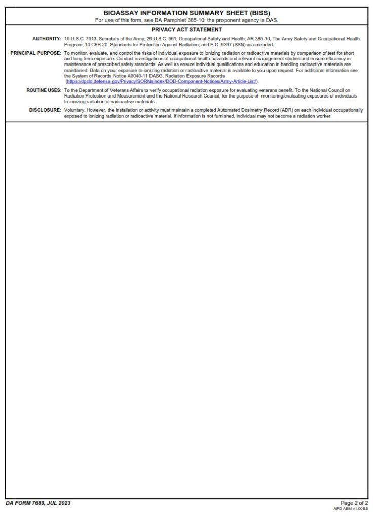 DA Form 7689 - Bioassay Information Summary Sheet (BISS) | Free Online ...