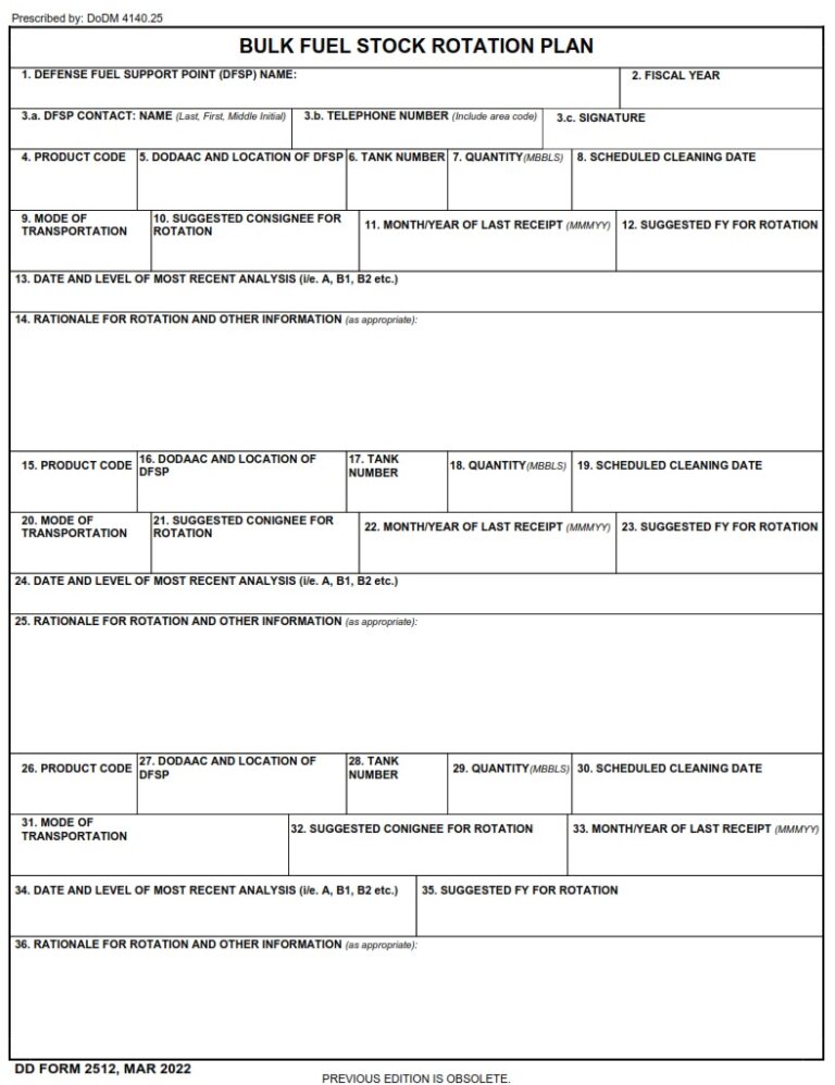 DD Form 2512 - Bulk Fuel Stock Rotation Plan | Free Online Forms