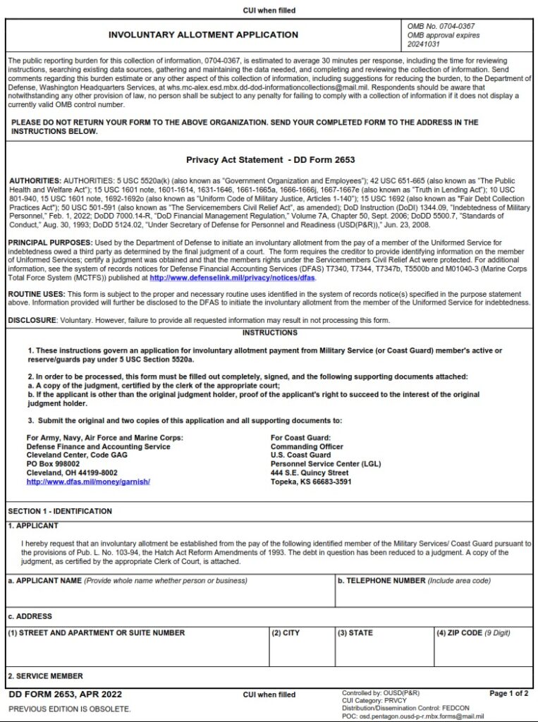 DD Form 2653 - Involuntary Allotment Application | Free Online Forms