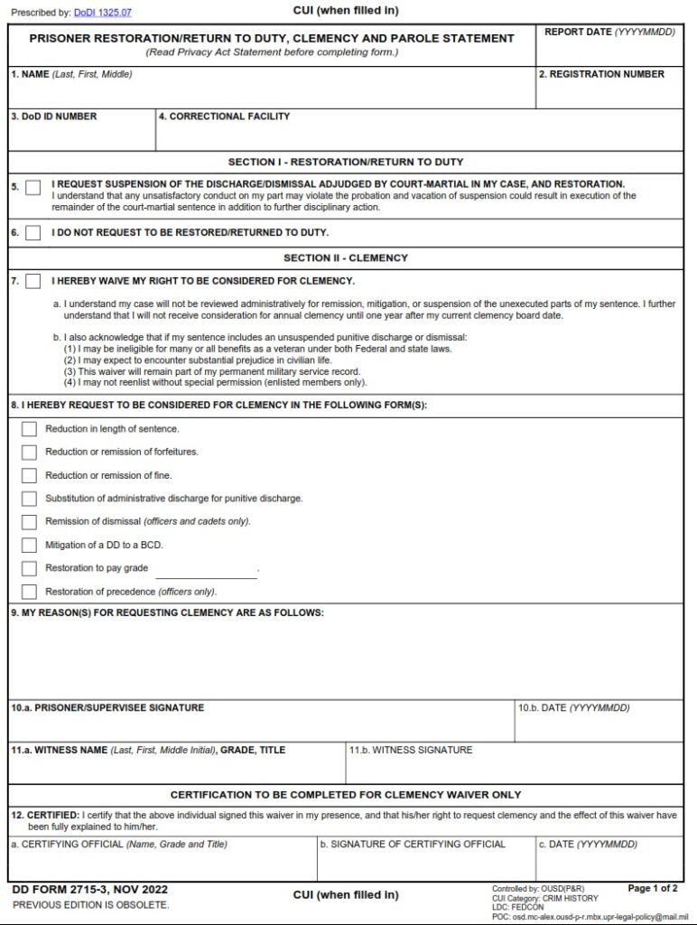 DD Form 2715-3 - Prisoner Restoration/Return To Duty, Clemency And ...