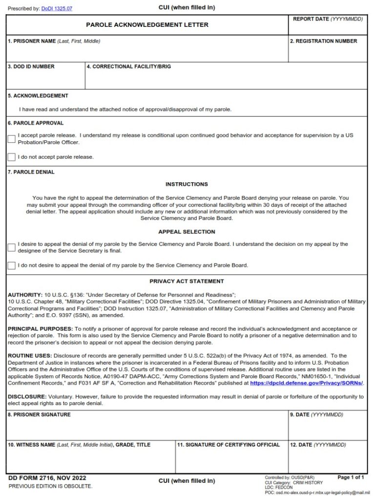 DD Form 2716 - Parole Acknowledgement Letter | Free Online Forms
