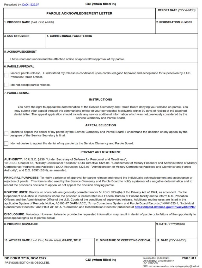 DD Form 2716 - Parole Acknowledgement Letter | Free Online Forms