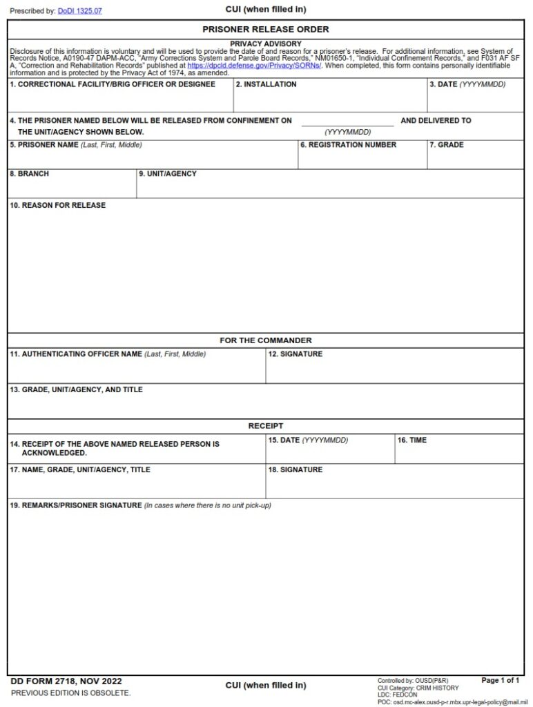 DD Form 2718 - Prisoner Release Order | Free Online Forms