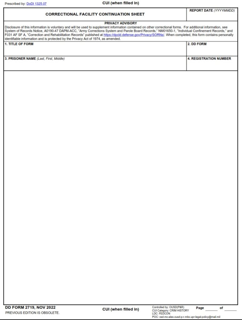 DD Form 2719 - Correctional Facility Continuation Sheet | Free Online Forms