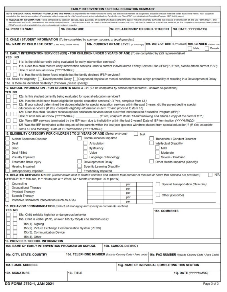 DD Form 2792-1 - Early Intervention / Special Education Summary | Free ...