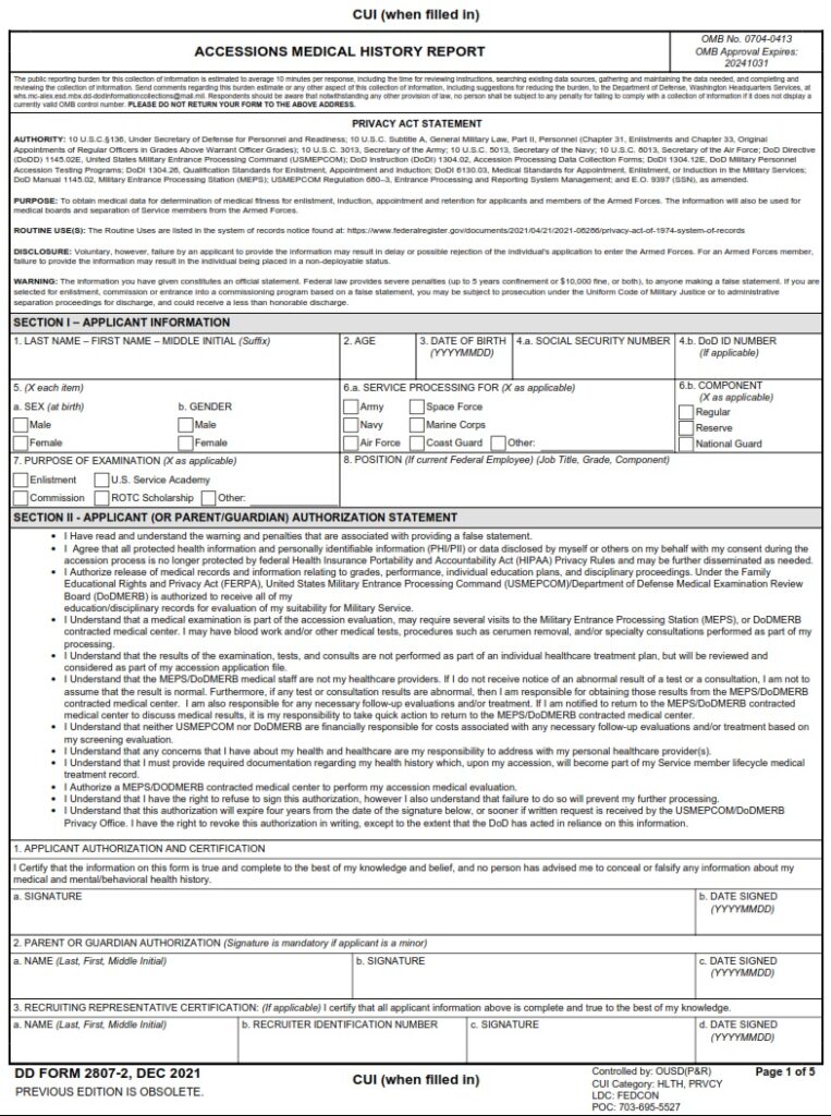 DD Form 2807-2 - Accessions Medical History Report | Free Online Forms