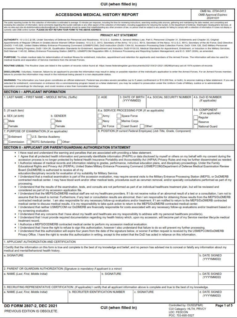 DD Form 2807-2 - Accessions Medical History Report | Free Online Forms