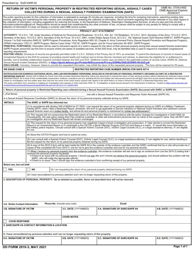 DD Form 2910-3 - Return Of Victim's Personal Property In Restricted ...