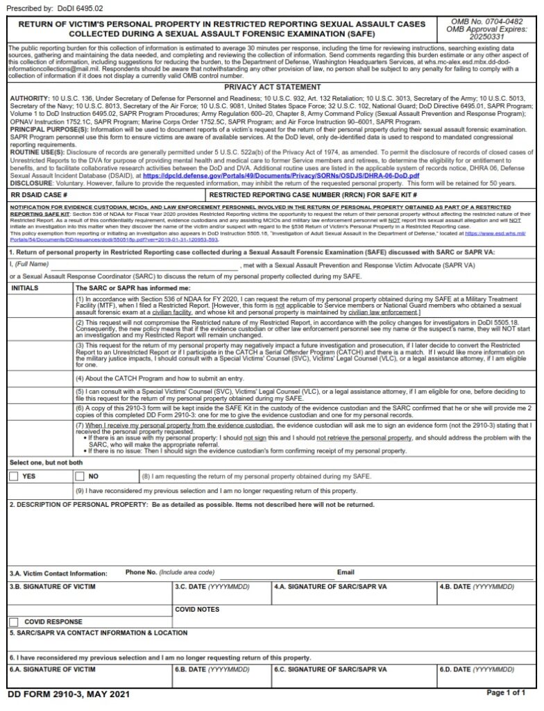 DD Form 2910-3 - Return Of Victim's Personal Property In Restricted ...