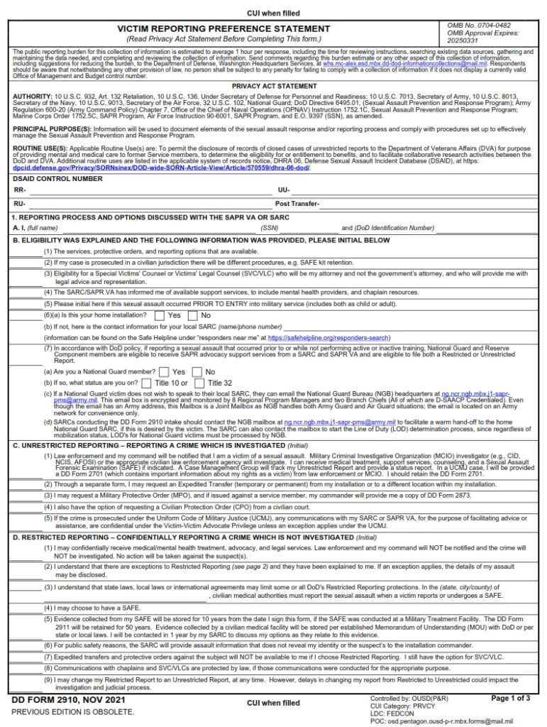 DD Form 2910 - Victim Reporting Preference Statement (Accessible Using ...