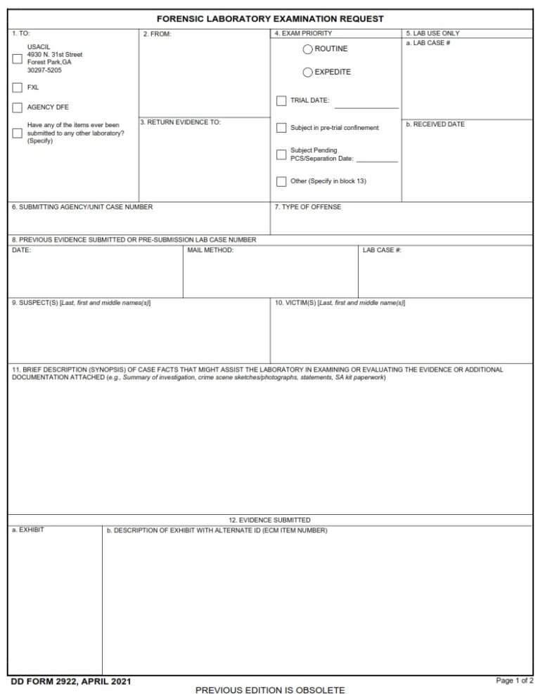 DD Form 2922 - Forensic Laboratory Examination Request | Free Online Forms
