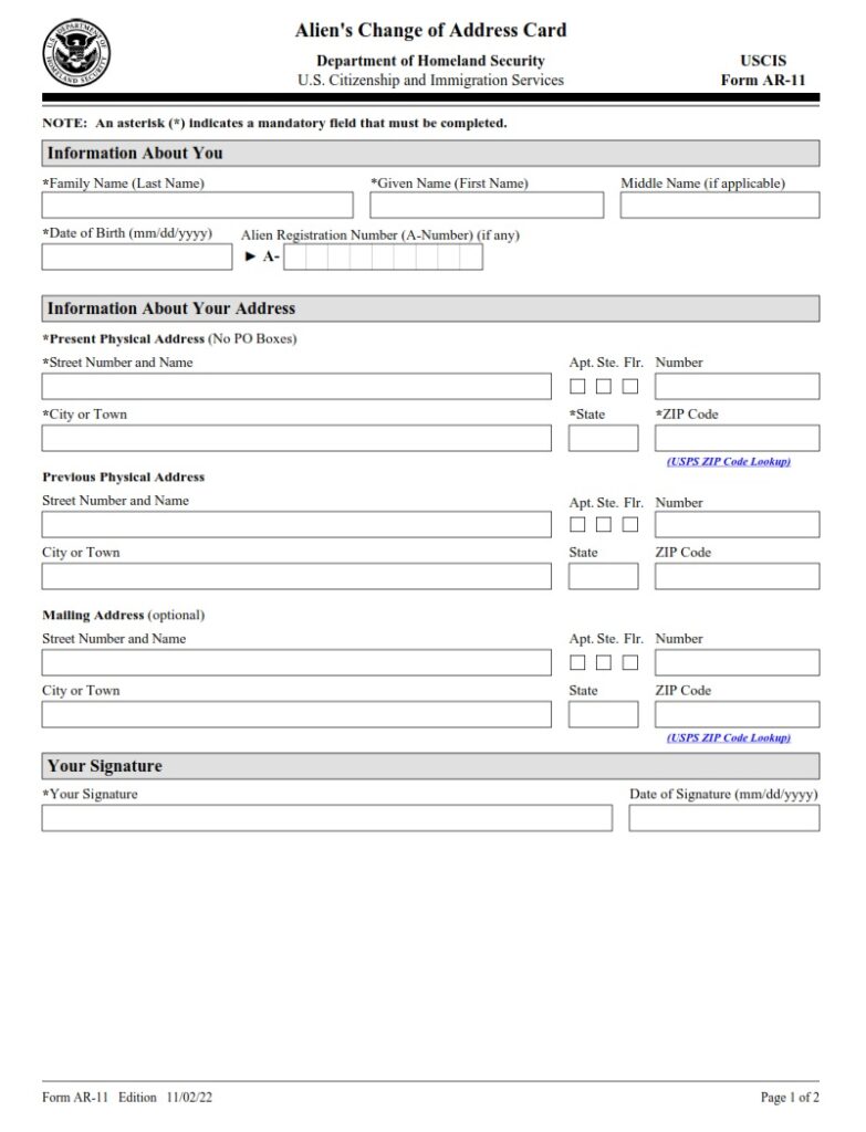 AR-11 Form - Alien’s Change Of Address Card | Free Online Forms