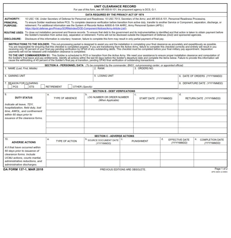 DA Form 137-1 - Unit Clearance Record | Free Online Forms