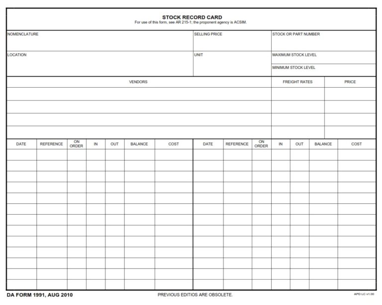 DA Form 1991 - Stock Record Card | Free Online Forms
