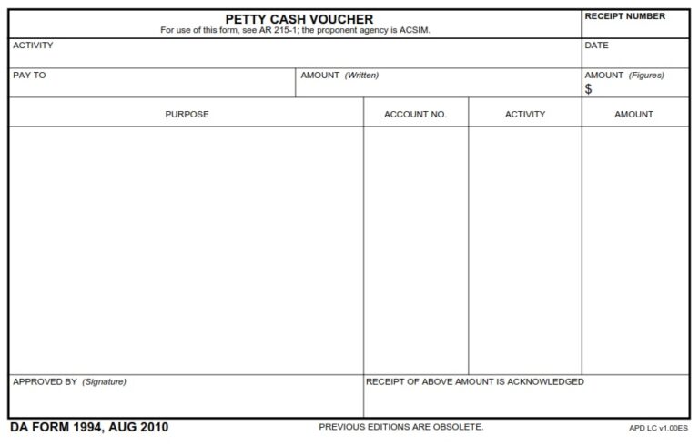 DA Form 1994 - Petty Cash Voucher | Free Online Forms