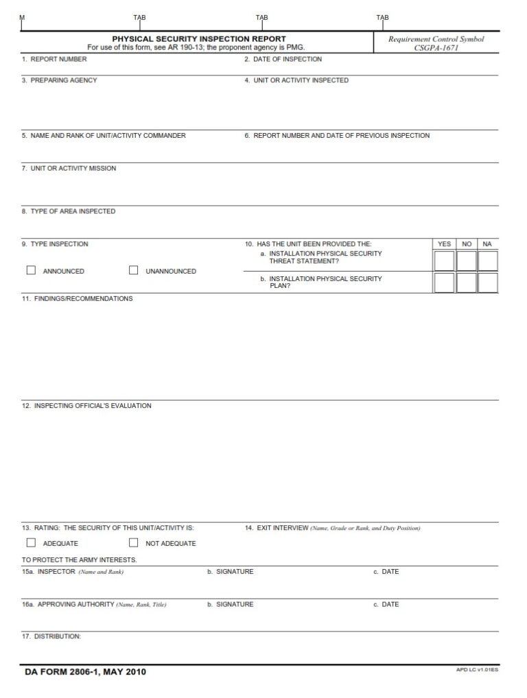 DA Form 2806-1 - Physical Security Inspection Report | Free Online Forms