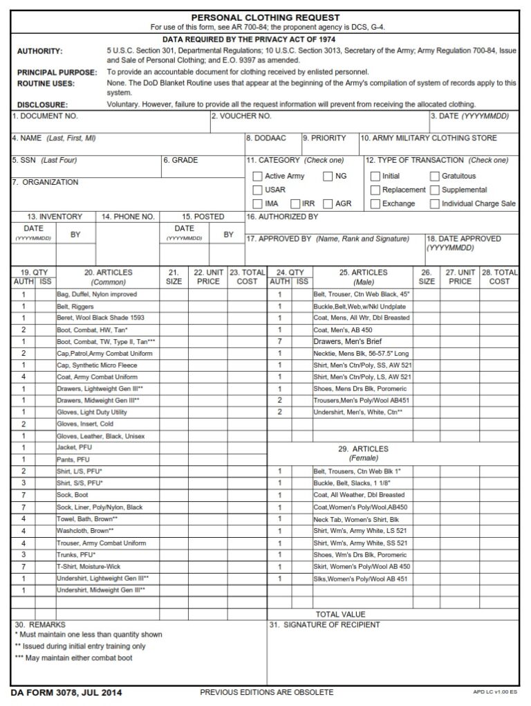 DA Form 3078 - Personal Clothing Request | Free Online Forms