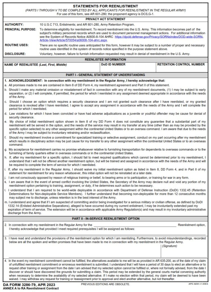 DA Form 3286-79 - Statements For Reenlistment | Free Online Forms