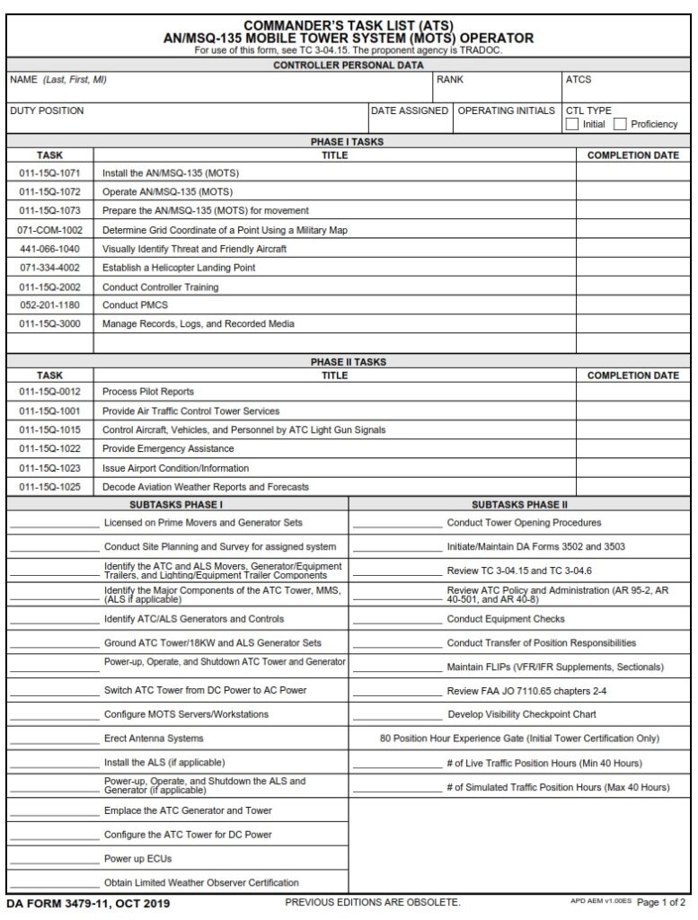 DA Form 3479-11 - Commander’s Task List (ATS) An/Msq-135 Mobile Tower ...