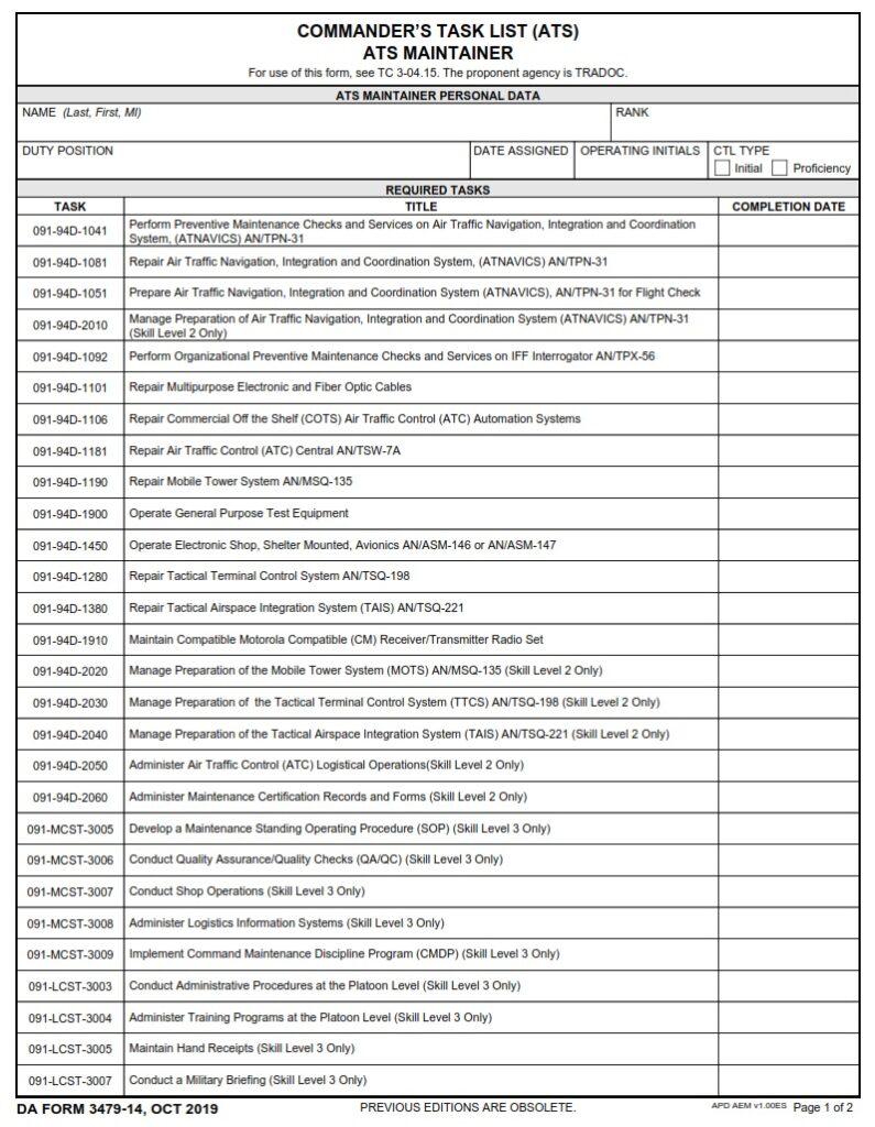 DA Form 3479-14 - Commander`S Task List (ATS) ATS Maintainer | Free ...