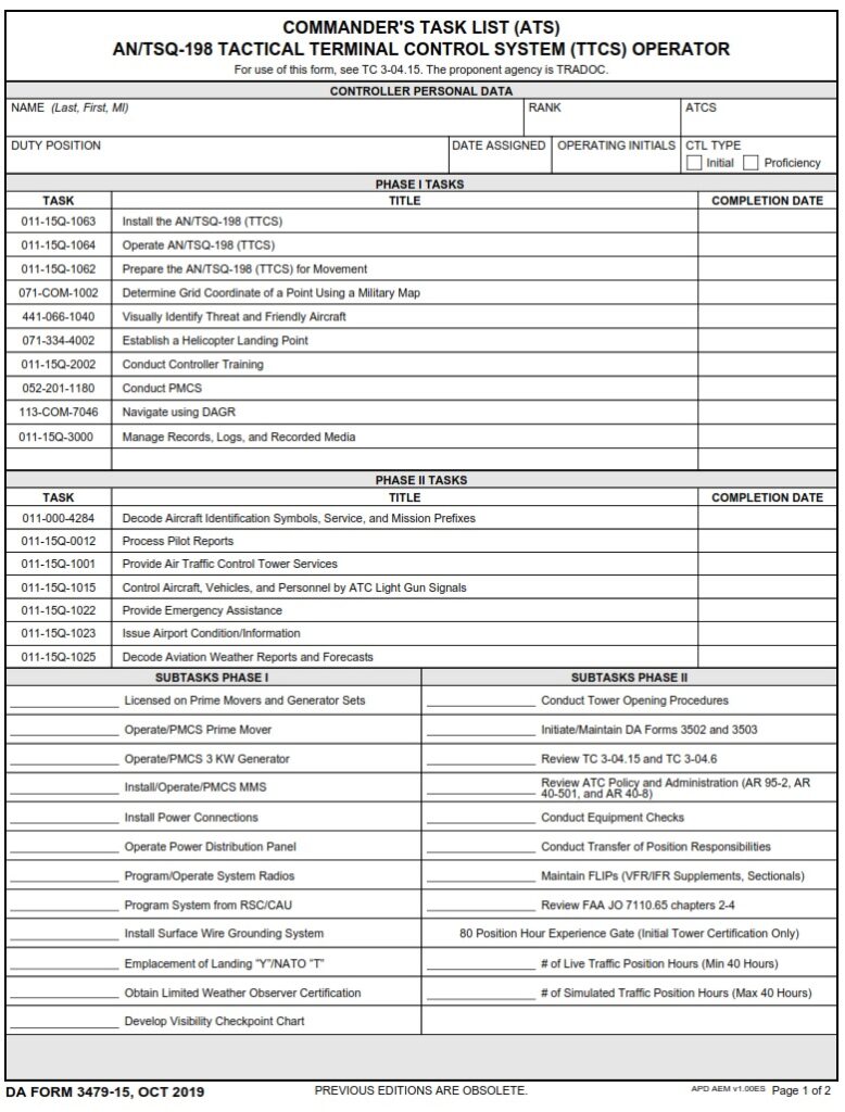 DA Form 3479-15 - Commander's Task List (ATS) AN/TSQ-198 Tactical ...