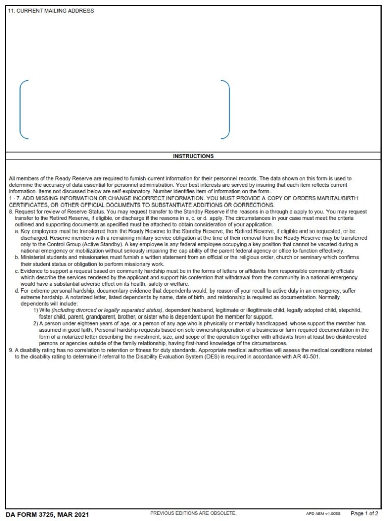 DA Form 3725 - Army Reserve Status And Address Verification | Free ...