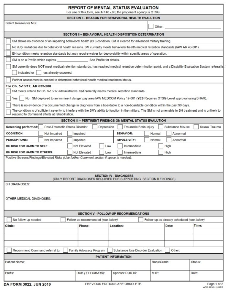 DA Form 3822 - Report Of Mental Status Evaluation | Free Online Forms