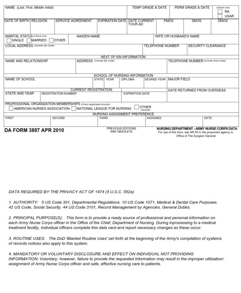 DA Form 3887 - Nursing Department - Army Nurse Corps Data | Free Online ...