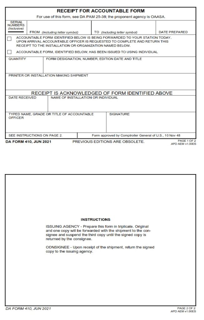 DA Form 410 - Receipt For Accountable Form | Free Online Forms