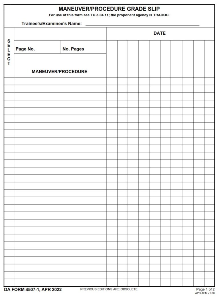 DA Form 4507-1 - Maneuver/Procedure Grade Slip | Free Online Forms