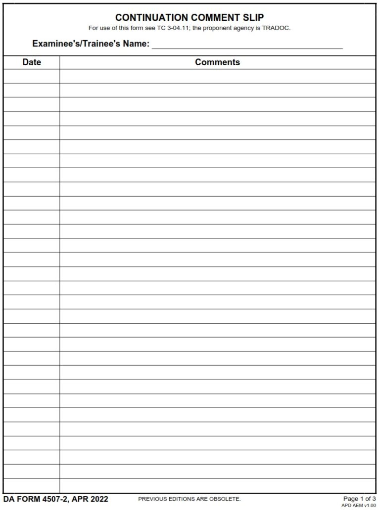 DA Form 4507-2 - Continuation Comment Slip | Free Online Forms