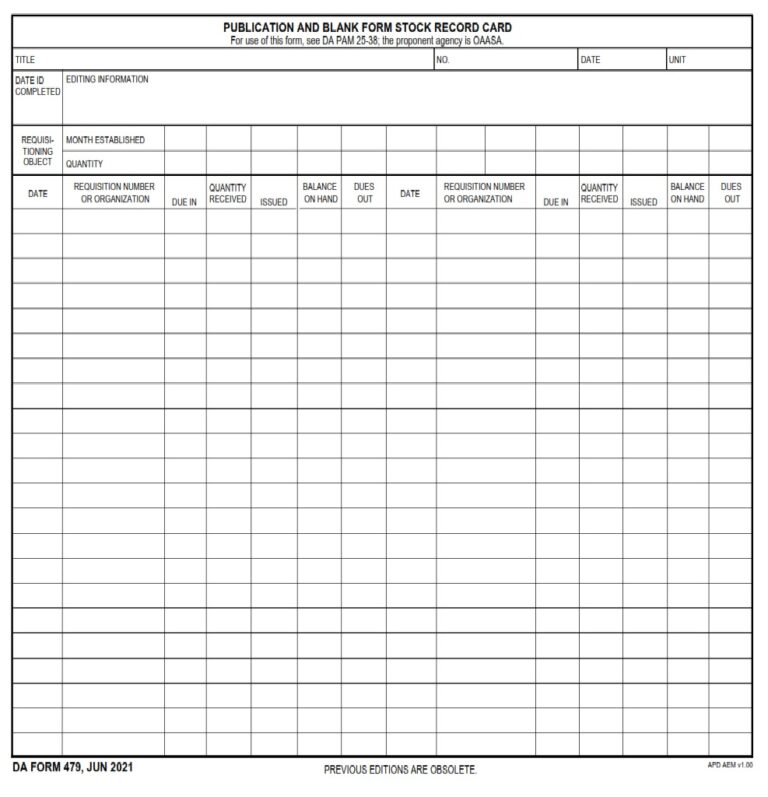 DA Form 479 - Publication And Blank Form Stock Record Card (Vertical ...