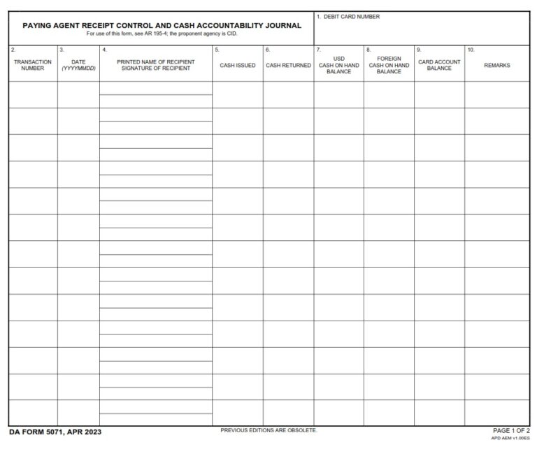DA Form 5071 - Paying Agent Receipt Control And Cash Accountability ...