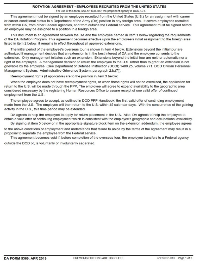 DA Form 5369 - Rotation Agreement - Employees Recruited From The United ...