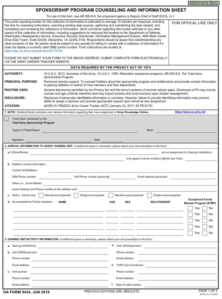 DA Form 5434 - Sponsorship Program Counseling And Information Sheet ...