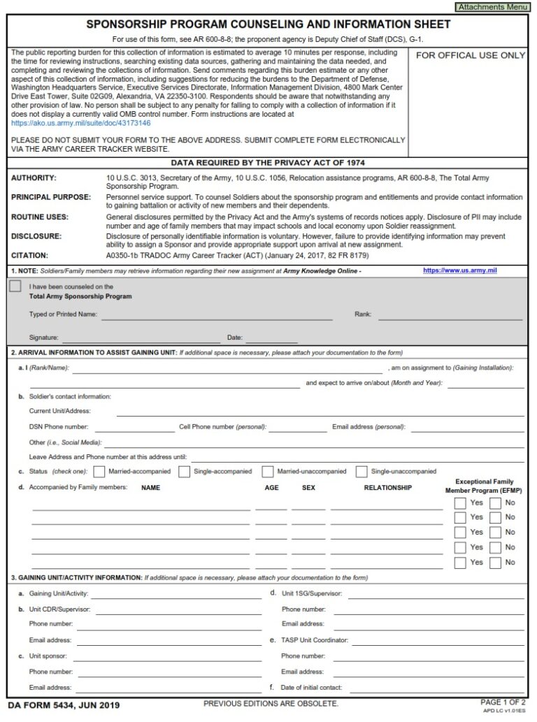 DA Form 5434 - Sponsorship Program Counseling And Information Sheet ...