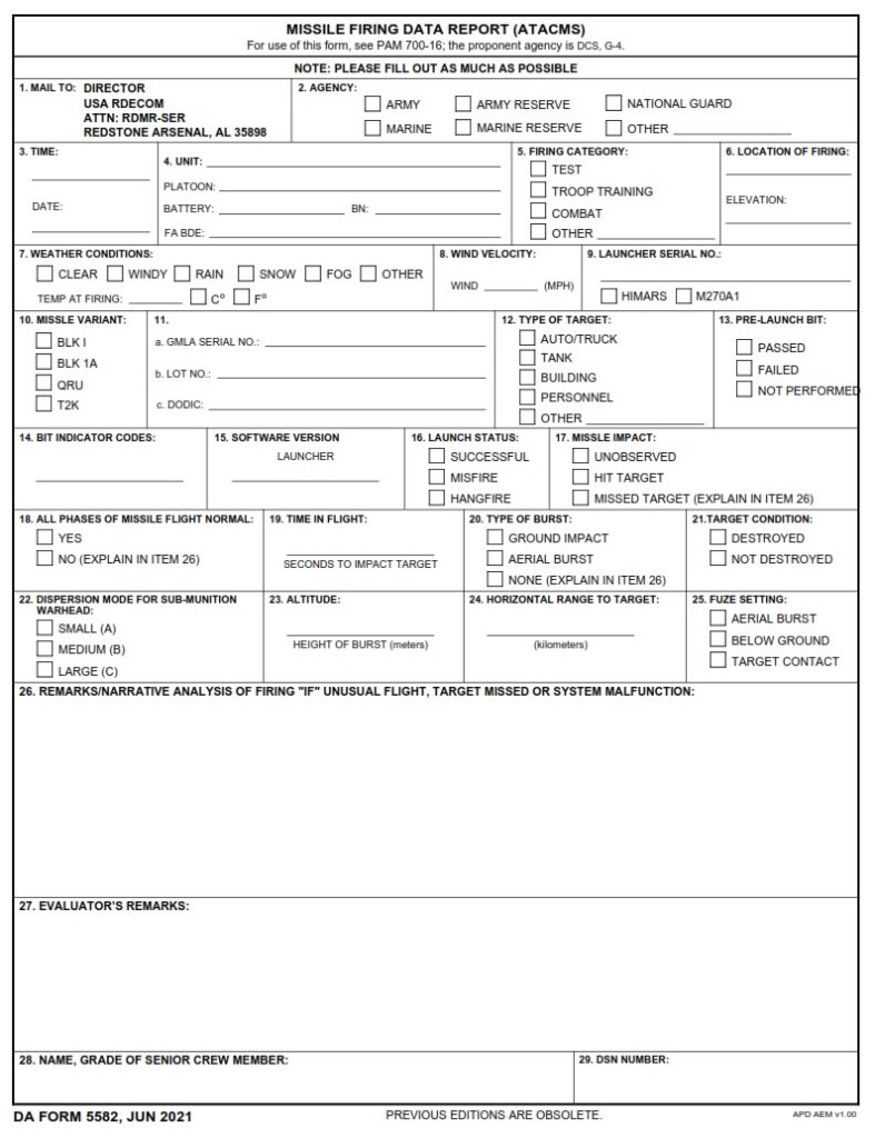 DA Form 5582 - Missile Firing Data Report (ATACMS) | Free Online Forms