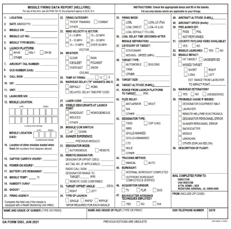DA Form 5583 - Missile Firing Data Report (Hellfire) | Free Online Forms